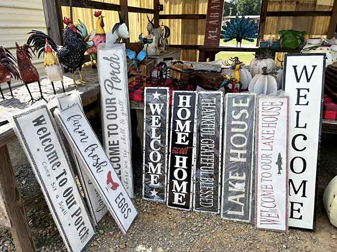 Handcrafted wooden signs declaring "Welcome Home" and "Lake House" turn any porch into a Hallmark movie set instantly.
