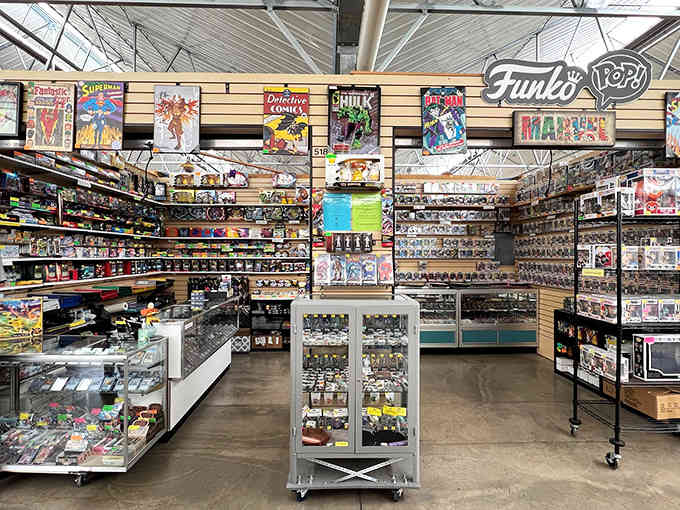 Comic book covers and Funko figures line the walls like a pop culture time capsule you can actually afford.