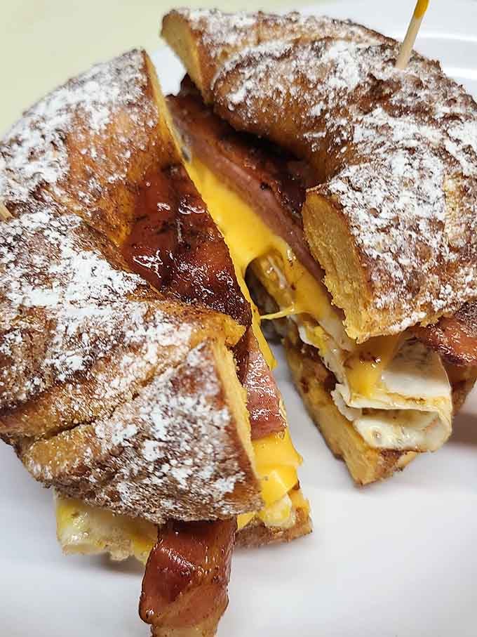 French toast stuffed with bacon and dusted with powdered sugar: because sometimes breakfast needs to be taken very, very seriously.