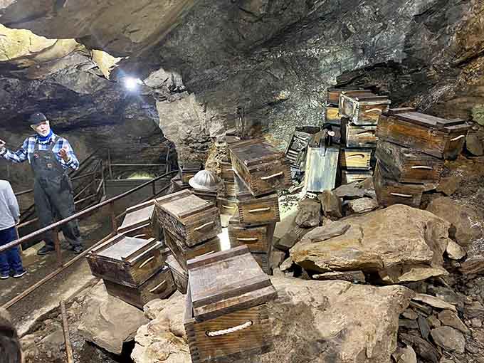 Old dynamite crates sit as silent witnesses to the explosive work that carved these underground passages.