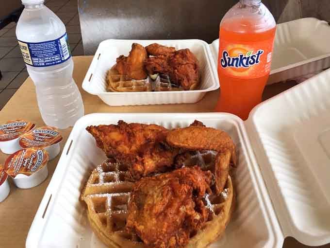 When chicken meets waffles in a styrofoam container, magic happens and hunger doesn't stand a chance.