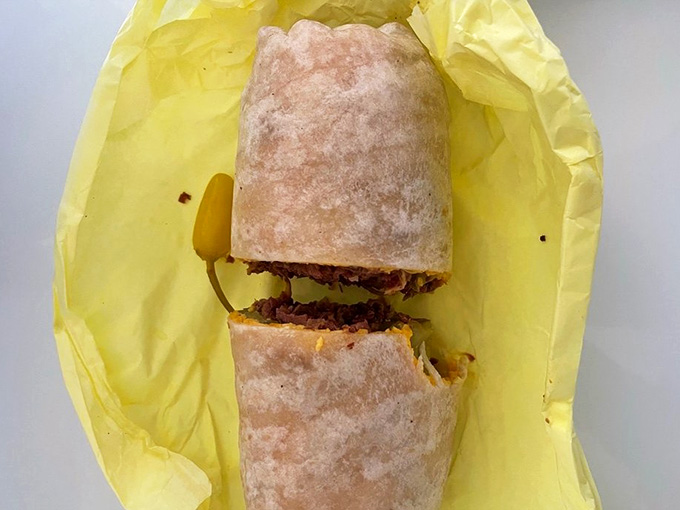 That pastrami burrito wrapped up tight is like a delicious present you get to unwrap with your teeth.