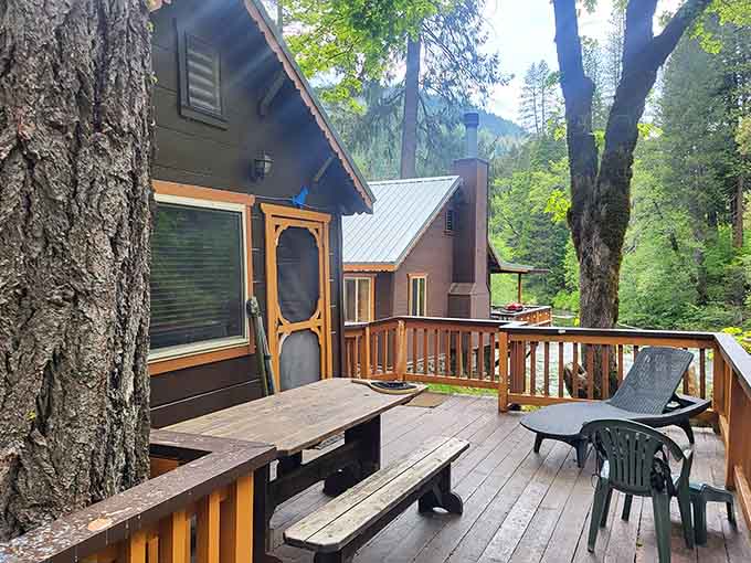 Cabin living with a deck where your biggest decision is which chair gets the best mountain view today.