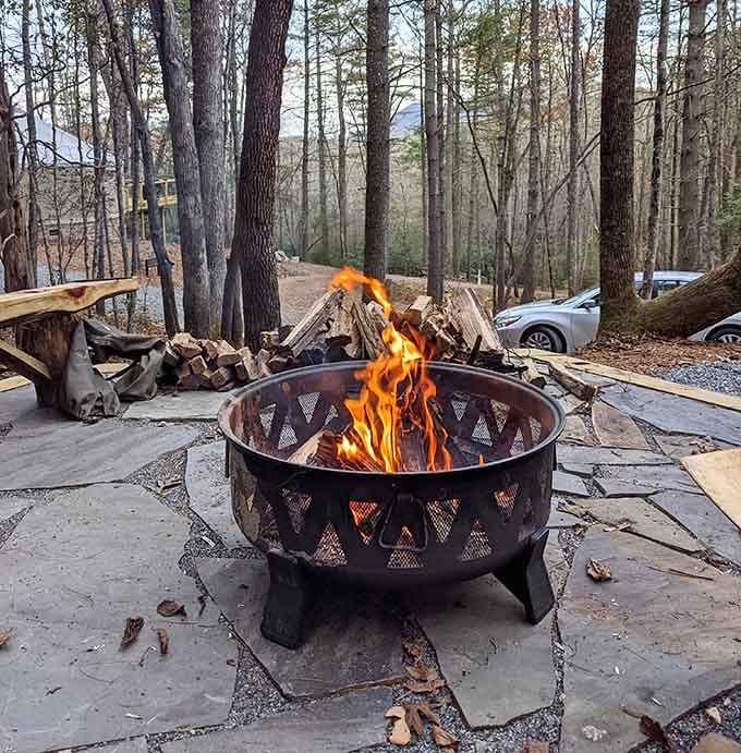 Nothing says "glamping done right" quite like a proper fire pit surrounded by forest and zero mosquitoes in your tent.