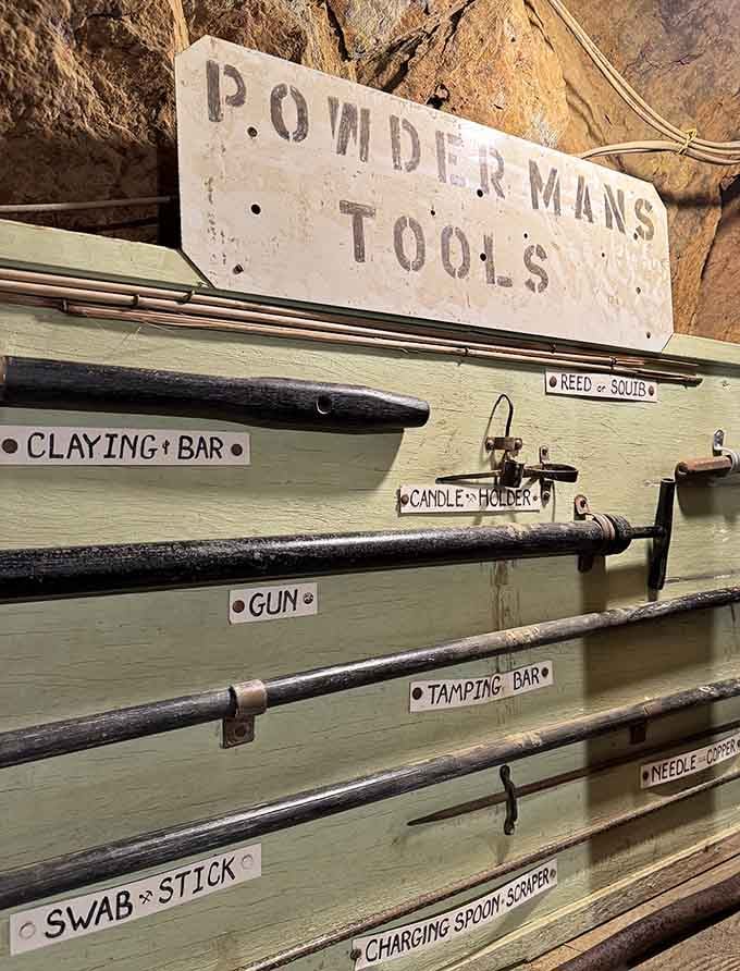 The "Powderman's Tools" display showcases implements that made controlled explosions possible, though "controlled" is doing heavy lifting here.
