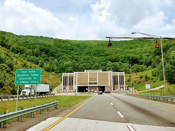 Summer greenery frames this engineering marvel like nature's way of saying, "Fine, you can pass through my mountain."
