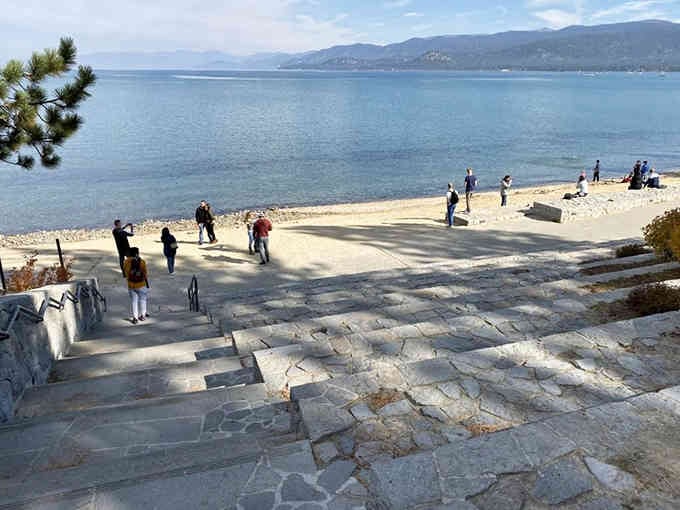 Stone steps lead beachgoers down to paradise, no sherpa required for this mountain descent.