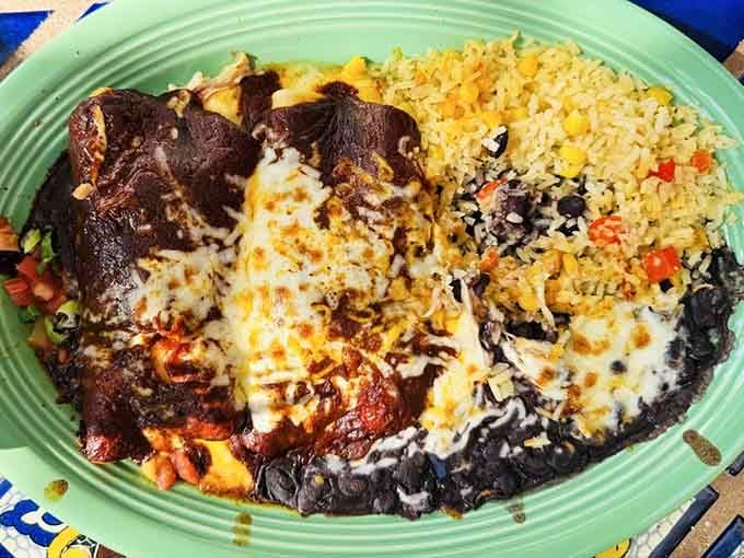 The mole sauce draping these enchiladas proves that chocolate belongs in savory dishes, and we should've listened sooner.
