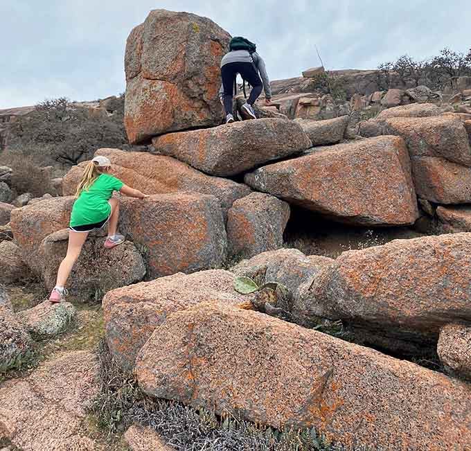 Scrambling over boulders: the Texas version of a jungle gym, minus the safety padding and helicopter parents.