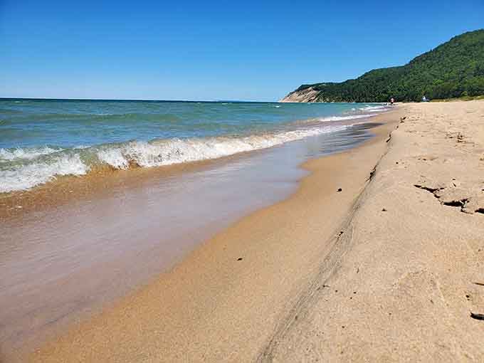 Miles of golden sand meeting turquoise water, proving Michigan's coastline can hold its own against any ocean.