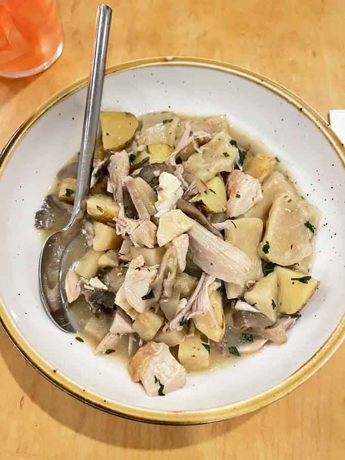 Chicken and dumplings get the farm-fresh treatment here, transforming comfort food into something worth writing home about immediately.