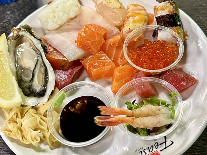 When your seafood platter looks like a greatest hits album, complete with oysters, salmon, and those little umbrellas.