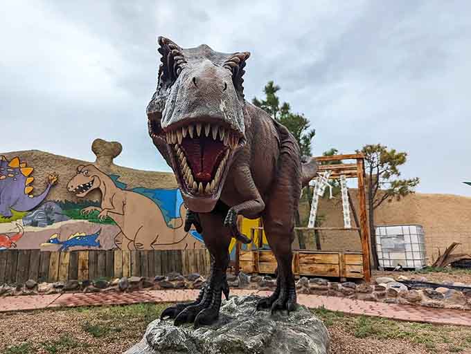 Not all dinosaurs were friendly in Bedrock, as this toothy predator reminds visitors with impressive detail.