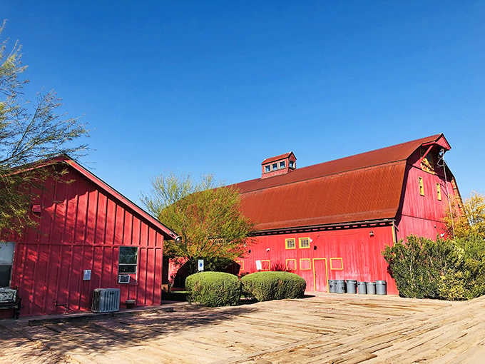 This striking red barn at The Windmill Winery adds unexpected agricultural charm to the desert landscape.