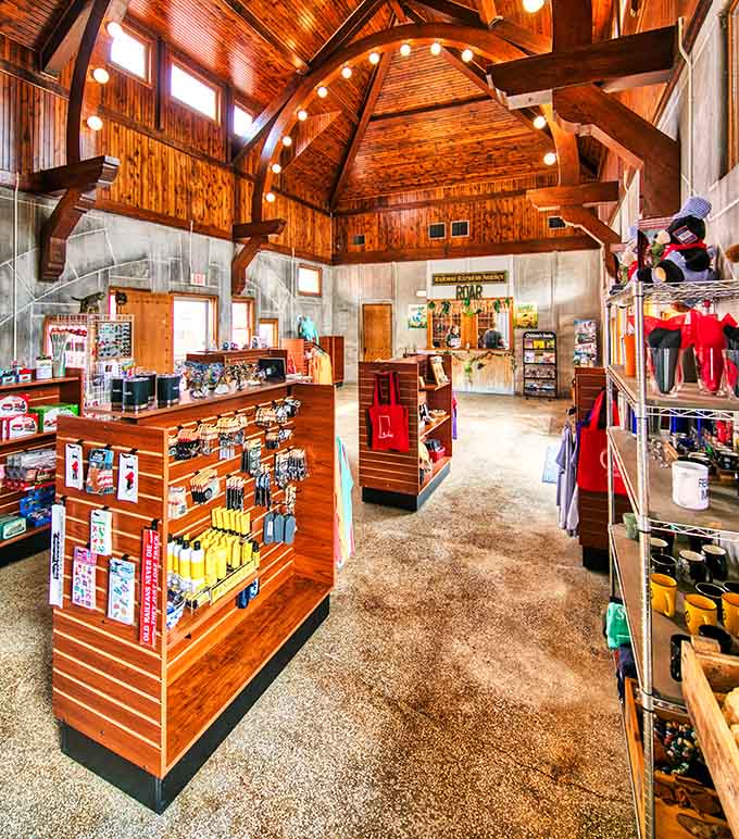 The gift shop's vaulted wooden ceiling is almost as impressive as the train memorabilia lining every shelf below.