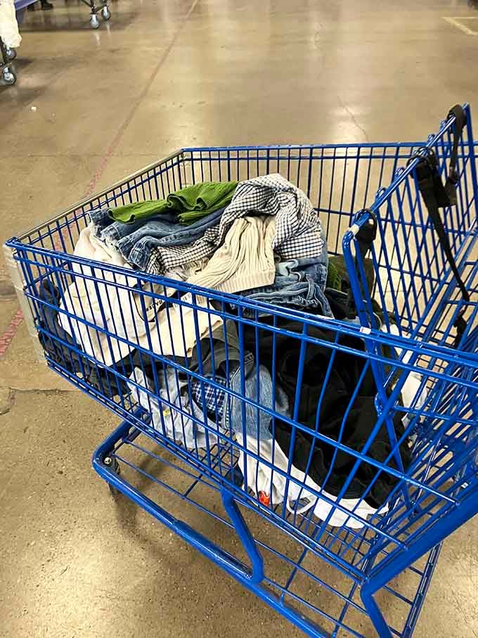 That cart full of flannel and denim represents someone's upcoming wardrobe refresh for less than a tank of gas.