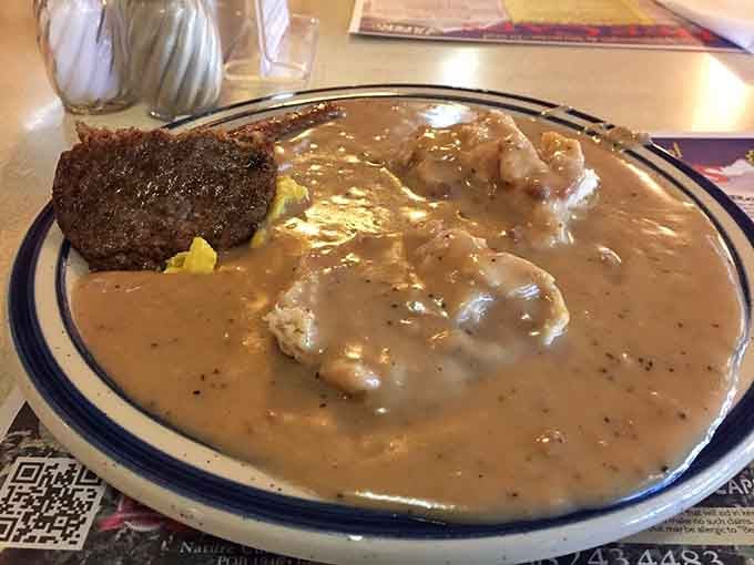 When biscuits meet gravy in quantities this generous, you understand why elastic waistbands were invented for a reason.