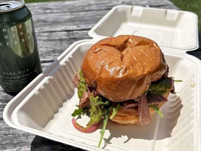A tri-tip sandwich this loaded requires both hands and possibly a strategic eating plan before diving in.