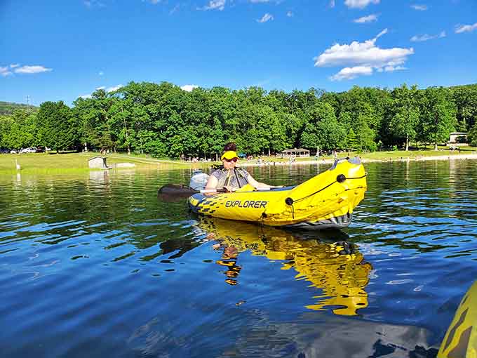 Someone brought their own kayak to one of Maryland's cleanest lakes, proving that optimism and inflatable watercraft go hand in hand.