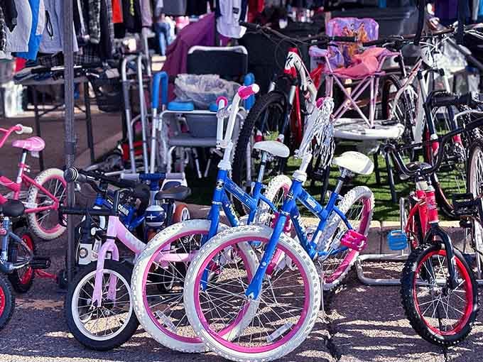 Kids' bikes in every color imaginable, ready to create summer memories and scraped knees in equal measure.
