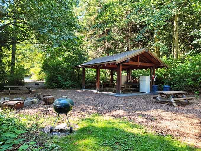 The covered picnic pavilion stands ready for rain or shine, because Mother Nature doesn't always check your vacation schedule first.