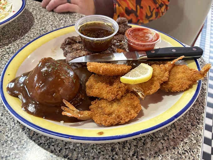 Sirloin, shrimp, and sides that would make any surf-and-turf lover weep tears of pure joy.