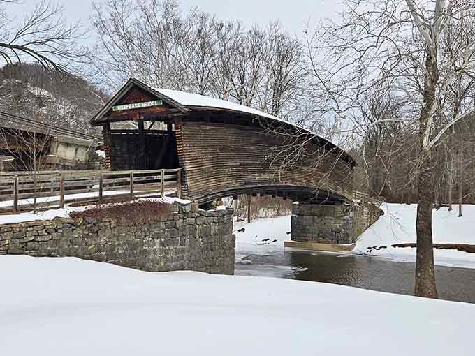 Winter transforms the bridge into something from a Currier and Ives print, minus the horse-drawn sleigh but equally magical.