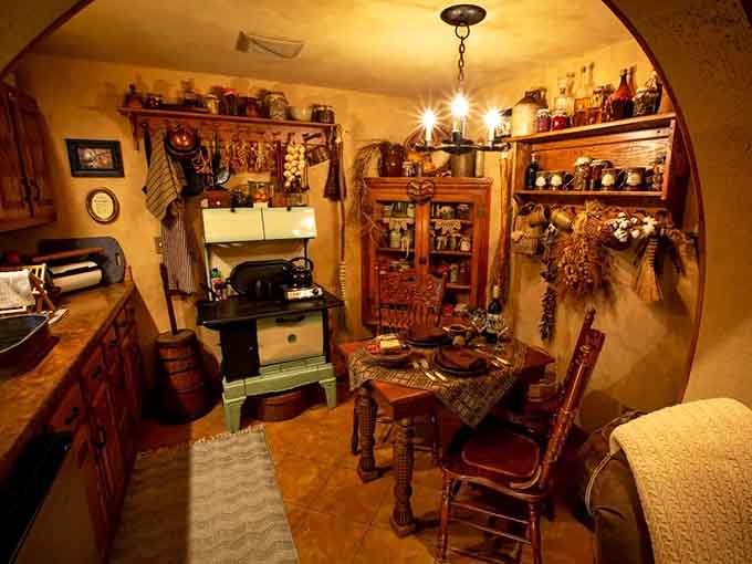 The vintage stove and rustic dining area prove hobbits had excellent taste in cozy kitchen design.