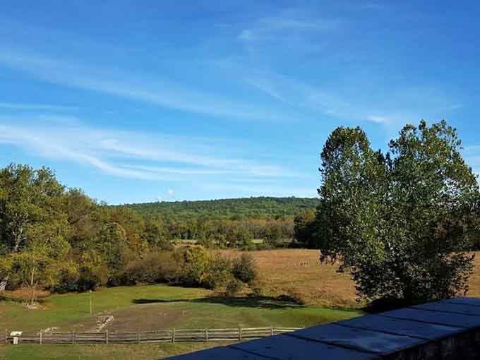 Rolling hills embrace the village, providing both natural beauty and the resources needed for iron production operations.
