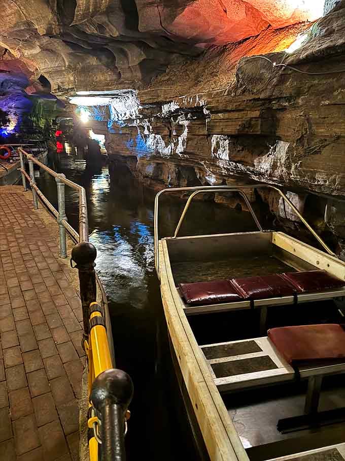 The boats waiting at the underground dock, ready to ferry you across water that's clearer than most people's intentions.