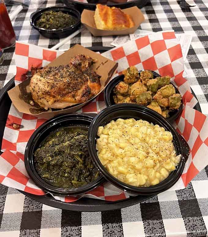 Herb-roasted chicken with fried okra proves that Southern cooking knows exactly how to balance comfort with flavor in every bite.