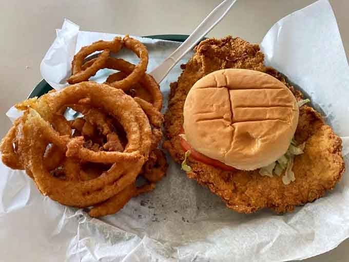 That tenderloin practically dwarfs the bun like a delicious UFO landing, with perfectly crispy onion rings as backup.