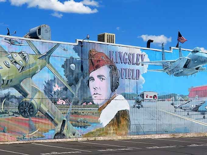 This aviation mural celebrates Kingsley Field with artwork that beats staring at blank walls any day of the week.