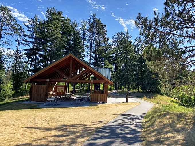 That picnic shelter stands ready for your family reunion, complete with shade and stories that'll last for hours.