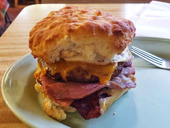 Behold the Monster Biscuit in all its glory: bacon, egg, cheese, and enough carbs to fuel a marathon.