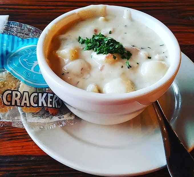 Oyster crackers standing at attention, ready to dive into what might be Minnesota's finest clam chowder.