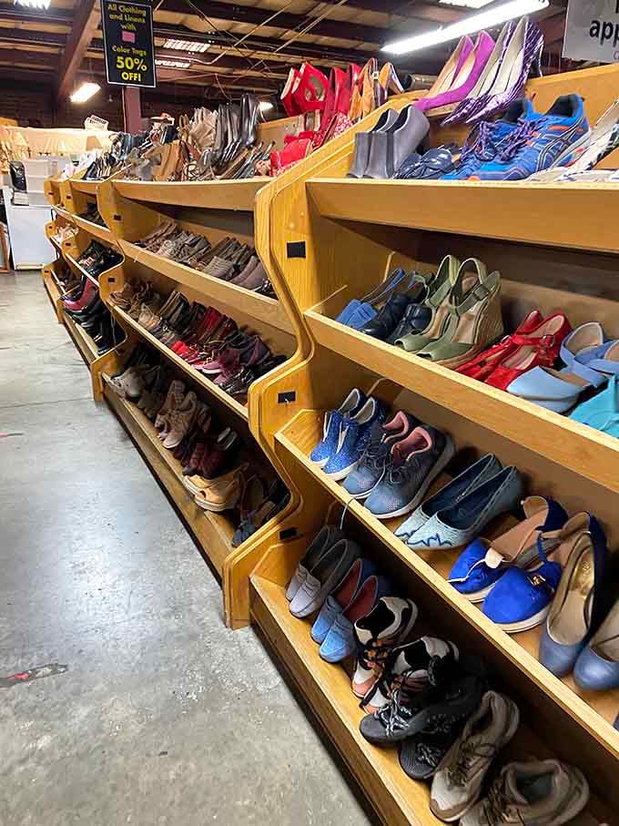 Shoes organized by color create a rainbow of secondhand possibilities for your perpetually growing footwear collection.