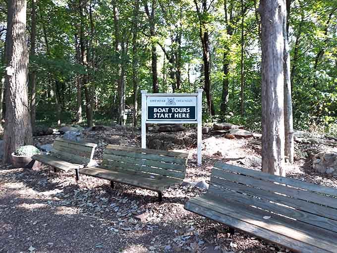 Trail markers welcome hikers to explore over 70 acres of natural beauty surrounding the underground wonder.
