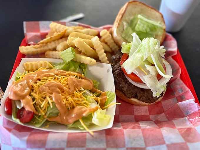 When your burger needs backup dancers, crispy fries and fresh salad answer the call with perfect harmony.
