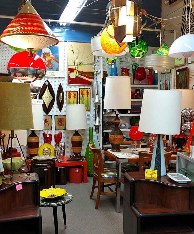 Mid-century lighting fixtures dangle overhead like a psychedelic dream sequence from "That '70s Show" gone wonderfully wild.