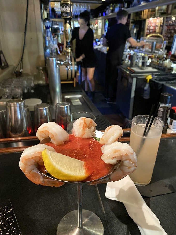 This shrimp cocktail presentation at the bar looks like it's ready for its close-up, and rightfully so.