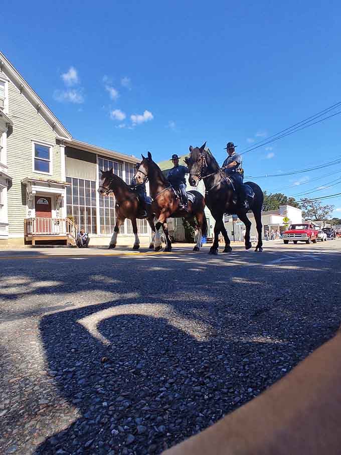 Nothing says community spirit quite like mounted officers patrolling Main Street, keeping things civilized one hoofbeat at a time.
