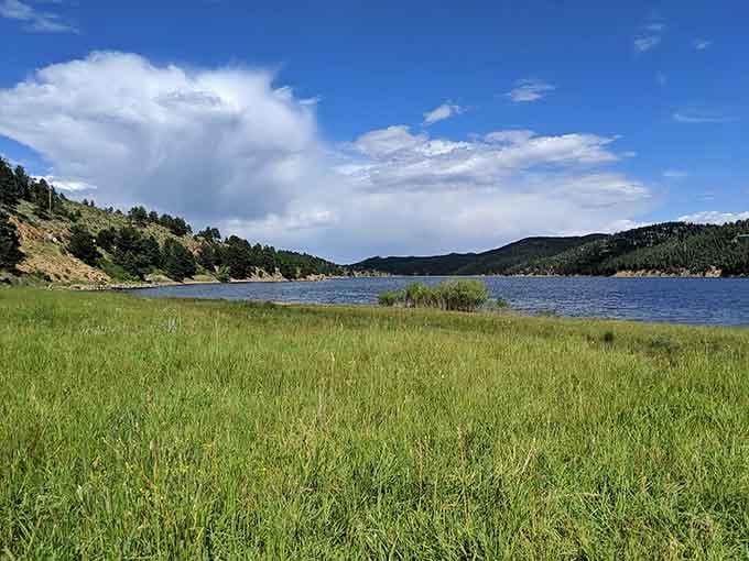 Barker Reservoir's grassy shores and mountain backdrop make you wonder why you ever vacation anywhere else.