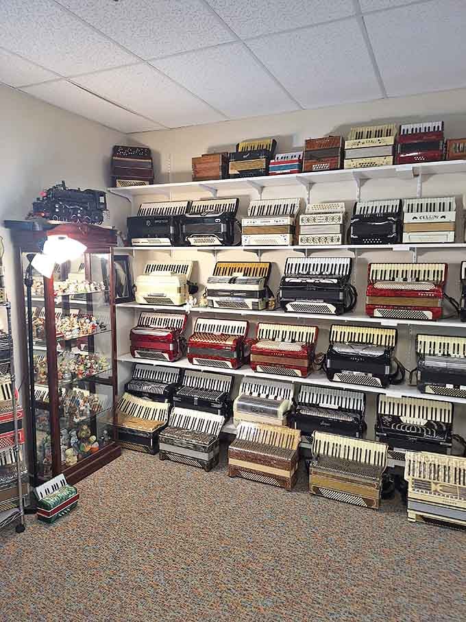 Row after row of meticulously organized accordions create a visual symphony that would make Lawrence Welk weep with joy.
