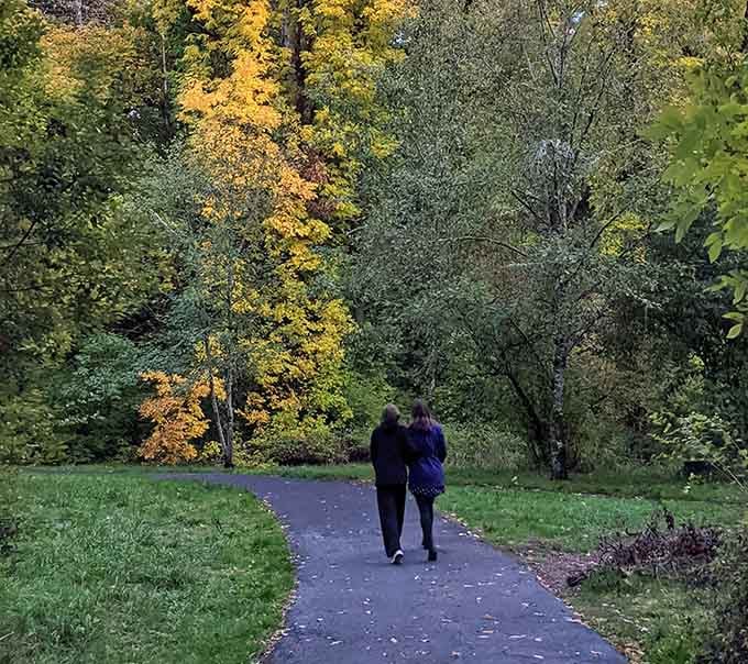 Autumn colors frame the path ahead like Mother Nature's showing off her interior decorating skills for the season.