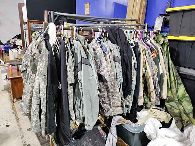 Military surplus gear hanging ready for action, because sometimes you need camouflage for absolutely no reason whatsoever.