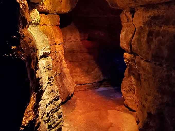 Golden light bathes the passageway, revealing textures that took longer to form than civilization has existed.