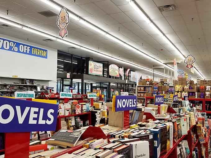 Books galore fill these red shelves, offering literary adventures at prices that won't require a second mortgage.