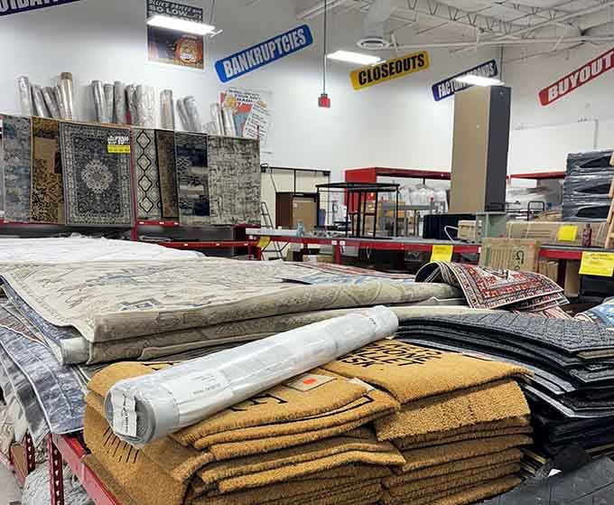 Area rugs stacked like treasure waiting to transform your floors from drab to fab for pennies.