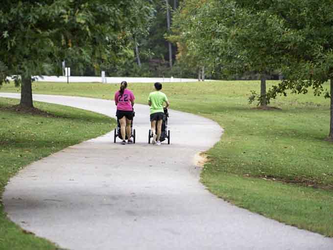 The walking track where strollers and serious striders coexist peacefully, proving exercise comes in all speeds.